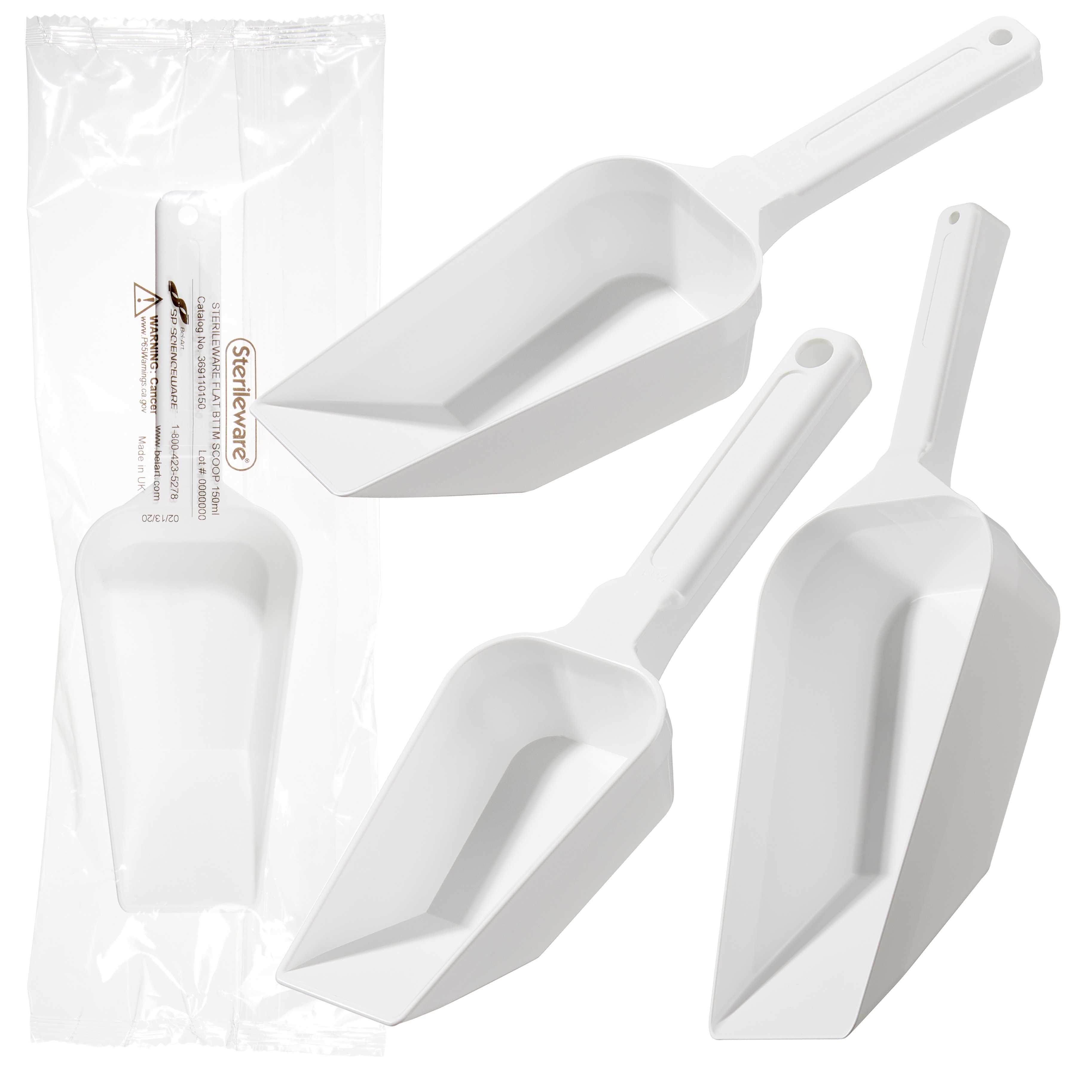 SP Bel-Art | Sterileware Flat Bottom Sampling Scoops – White | SP Bel-Art